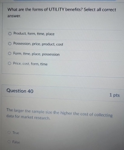 Solved What are the forms of UTILITY benefits? Select all | Chegg.com