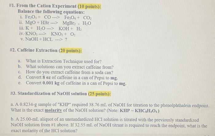 Solved \#1. From the Cation Experiment (10 points): Balance | Chegg.com