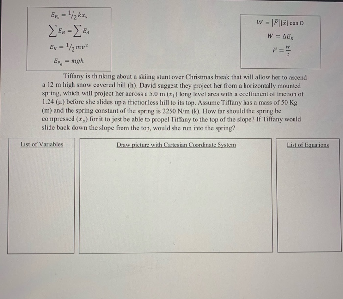 Solved Ep = ½kx, ΣΕ -ΣΕ, Ex = 1/2mv2 Ep, = mgh W = F 1% cose | Chegg.com