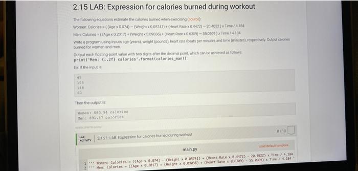 Solved 2.15 Lab: Expression For Calories Burned During 