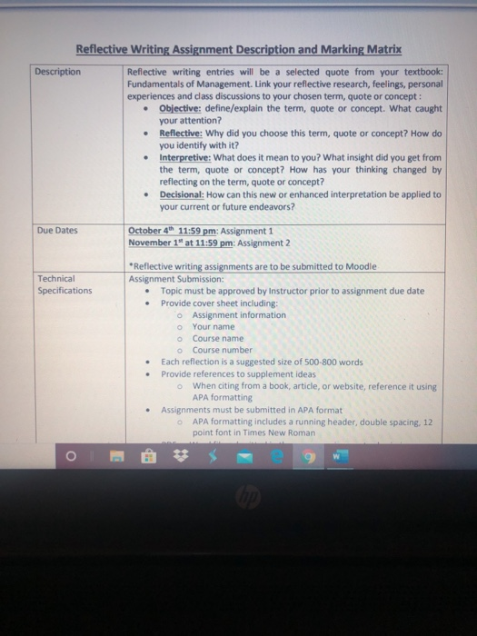 Reflective Writing Assignment Description and Marking | Chegg.com