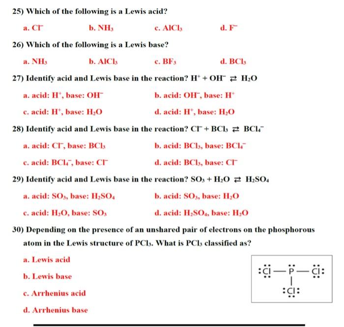 Solved 25) Which of the following is a Lewis acid? a. Cl− b. | Chegg.com
