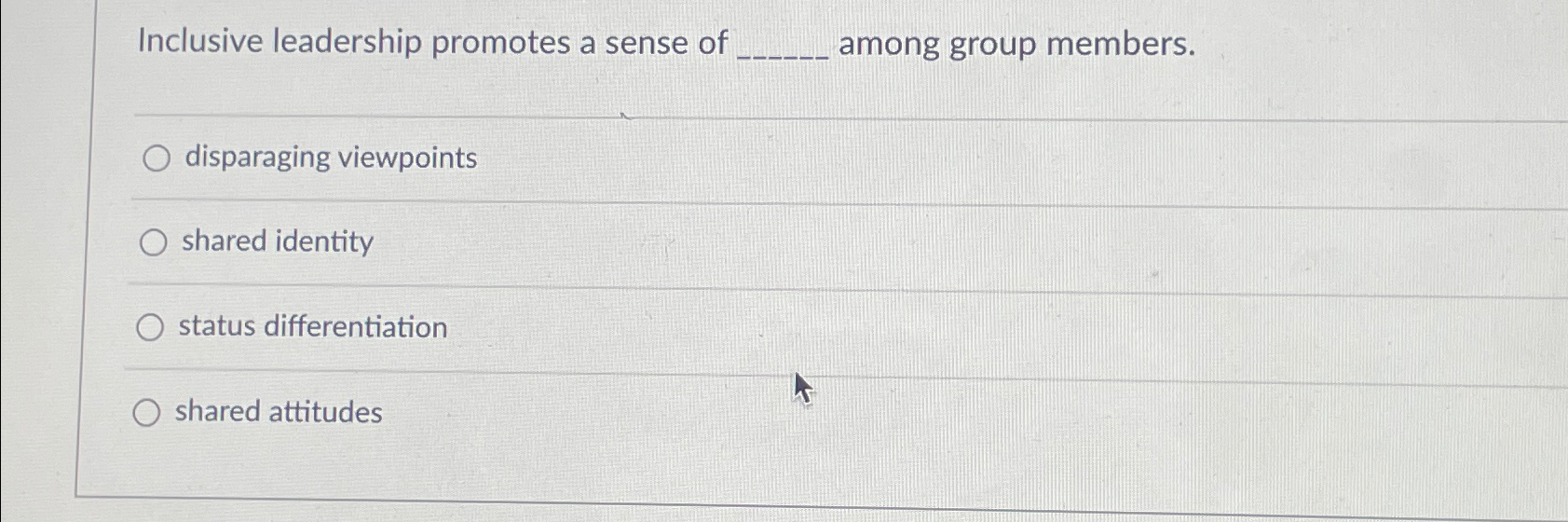 Solved Inclusive leadership promotes a sense of q, ﻿among | Chegg.com