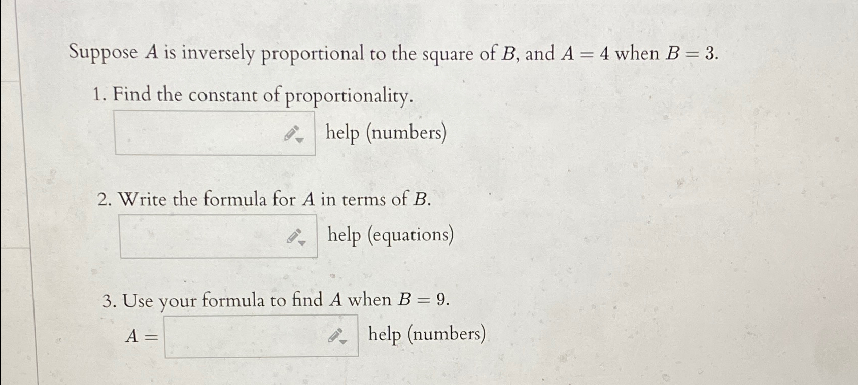 Solved Suppose A ﻿is inversely proportional to the square of | Chegg.com