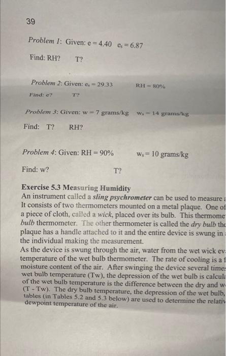 Solved Problem 1: Given: e=4.40es=6.87 Find: RH? T? Problem | Chegg.com