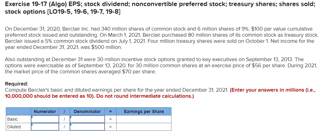 Solved Exercise 19-17 (Algo) ﻿EPS; stock dividend; | Chegg.com