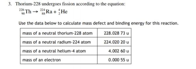 Solved 3. Thorium-228 undergoes fission according to the | Chegg.com