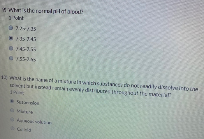 Solved ) What is the normal pH of blood? 1 Point 0 7.25-7.35 | Chegg.com