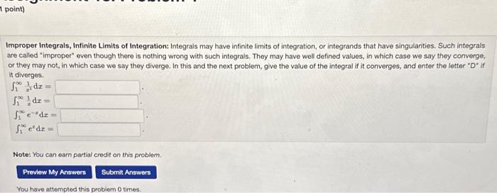 Solved Improper Integrals, Infinite Limits of Integration: | Chegg.com
