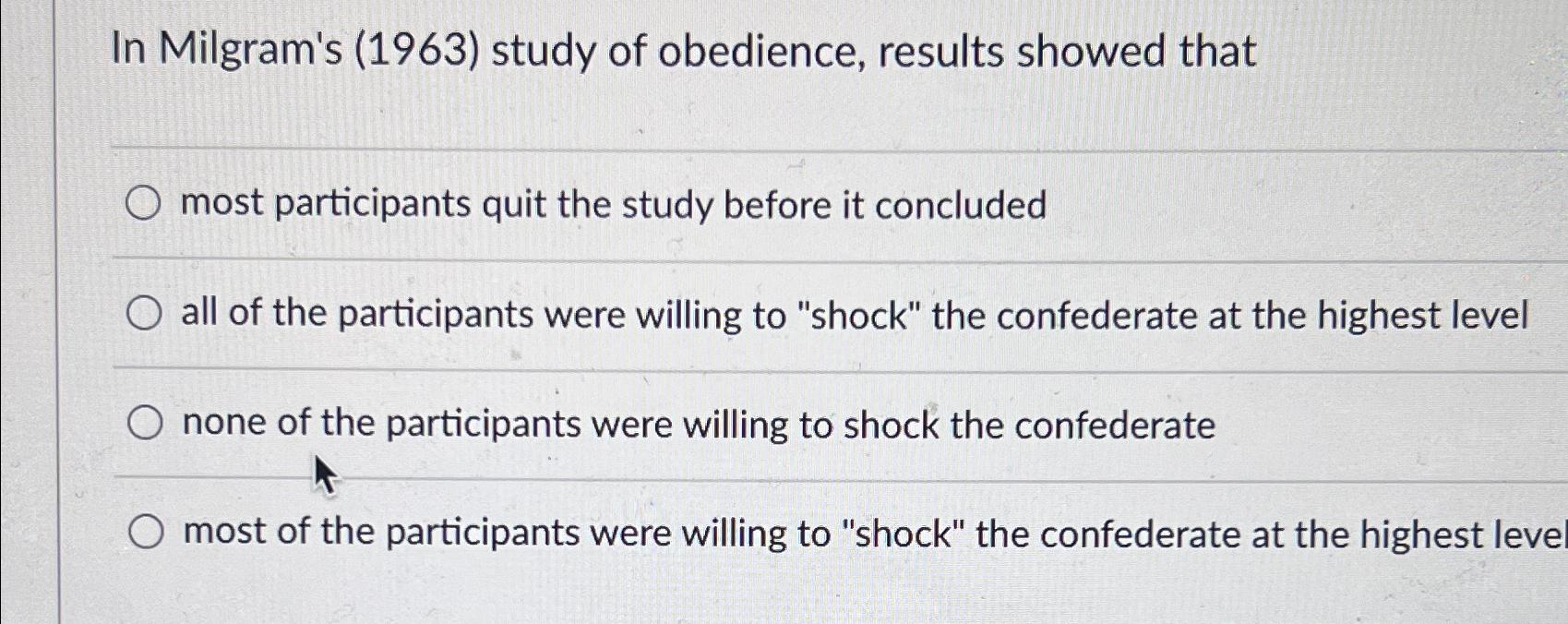 Solved In Milgram's (1963) ﻿study of obedience, results | Chegg.com