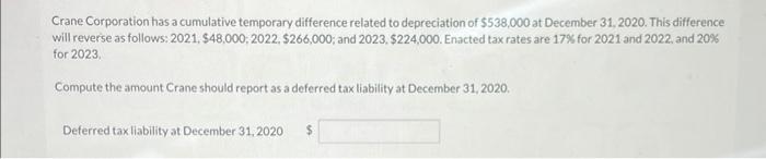 Solved Crane Corporation has a cumulative temporary | Chegg.com