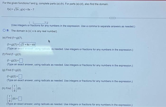 Solved For the given functions f and g, complete parts | Chegg.com