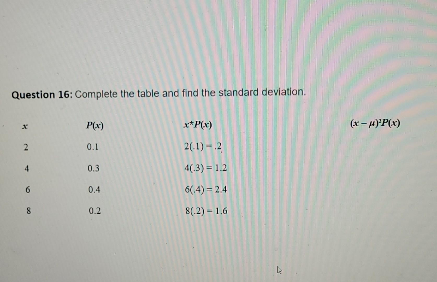 Solved Question 16: Complete the table and find the standard | Chegg.com