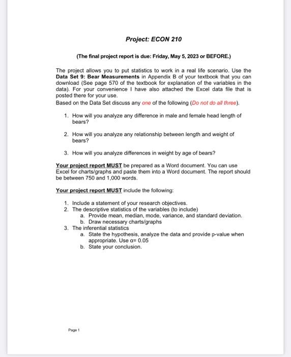 Solved Project: ECON 210 (The final project report is due: | Chegg.com