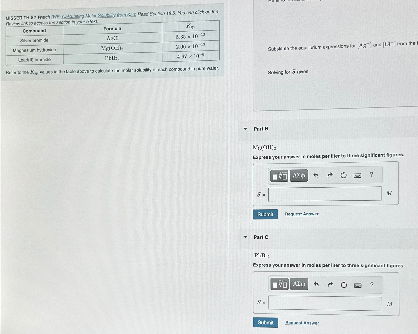 Solved MISSED THIS? Watch IWE: Calculating Molar Solubility | Chegg.com