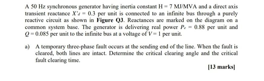 Solved A 50 Hz synchronous generator having inertia constant | Chegg.com