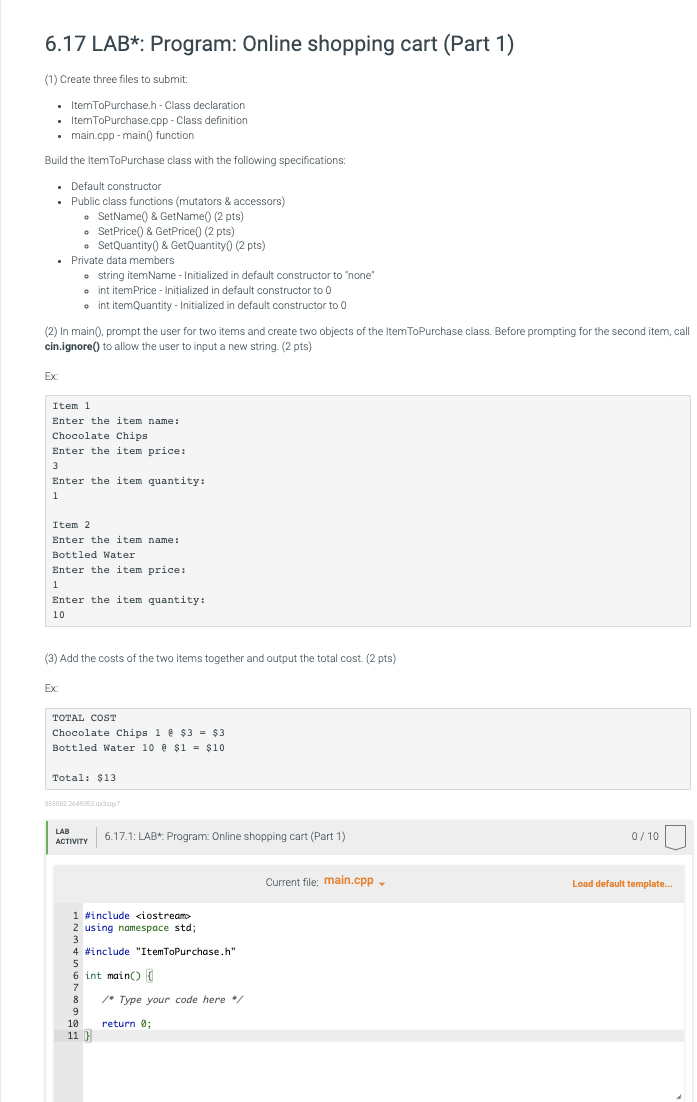 Solved 6.17 ﻿LAB*: Program: Online shopping cart (Part 1)(1) | Chegg.com