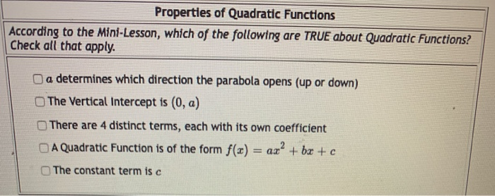 Solved Properties of Quadratic Functions According to the | Chegg.com