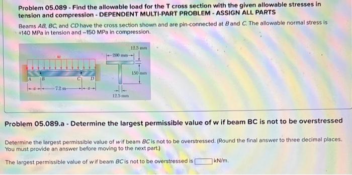 Solved Problem 05.089 - Find the allowable load for the T | Chegg.com