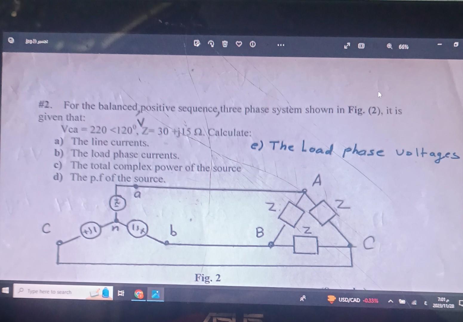 Solved \#2. For the balanced, positive sequence, three phase | Chegg.com