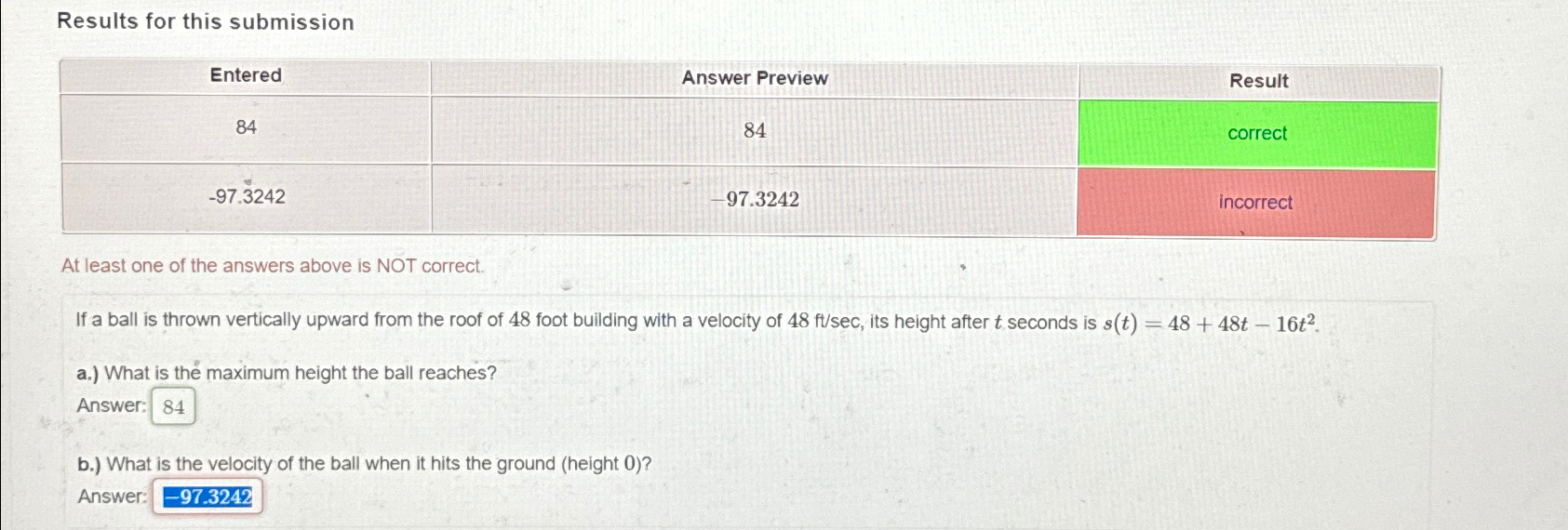 Solved Results for this submission\table[[Entered,Answer | Chegg.com
