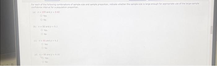Solved For each of the following combinations of sample size | Chegg.com
