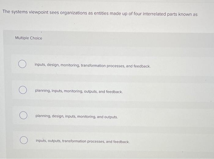 Solved The systems viewpoint sees organizations as entities | Chegg.com