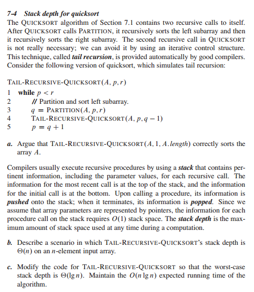 Solved 7-4 ﻿Stack depth for quicksortThe Quicksort algorithm | Chegg.com