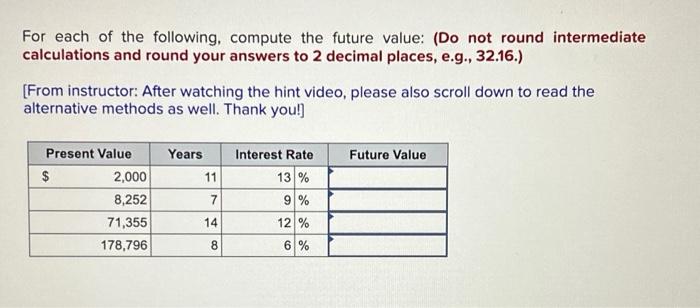 Solved For each of the following, compute the future value: | Chegg.com