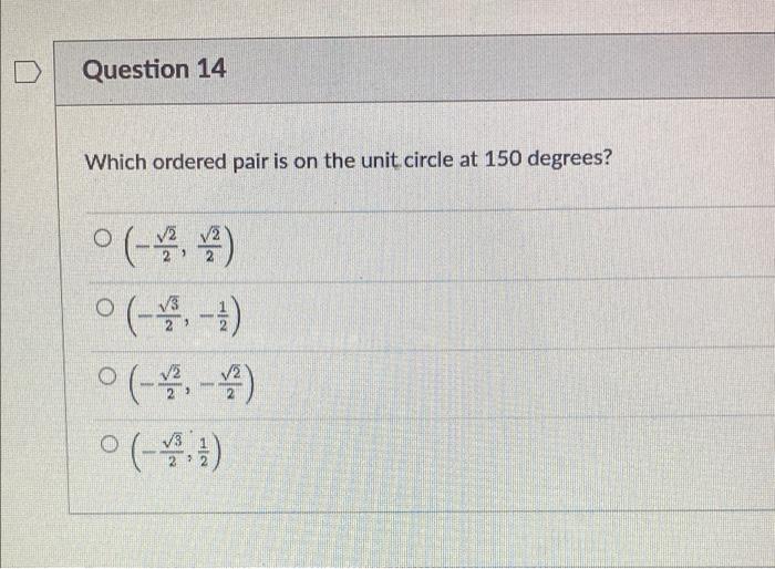 Solved Question 14 Which ordered pair is on the unit circle | Chegg.com