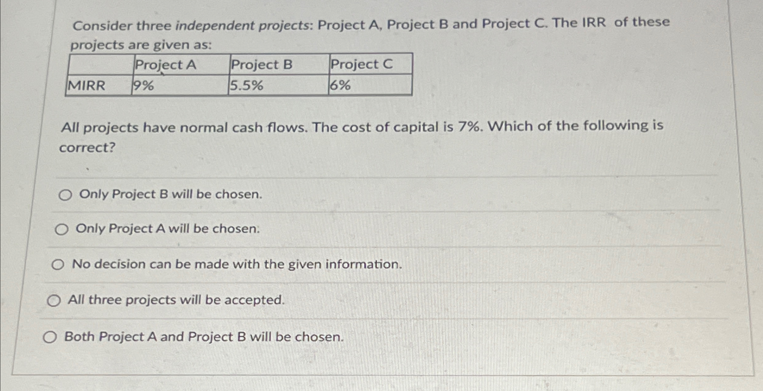 Solved Consider three independent projects: Project A, | Chegg.com