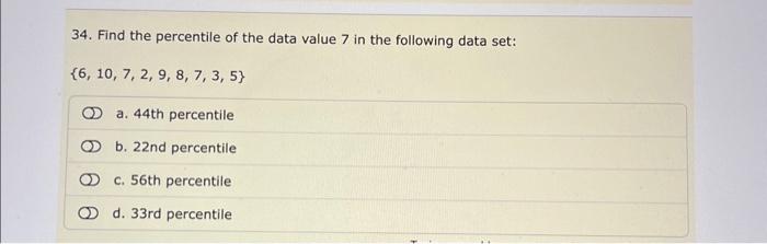 Solved 34. Find the percentile of the data value 7 in the | Chegg.com