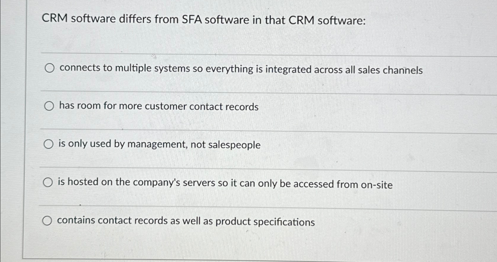 Solved CRM software differs from SFA software in that CRM | Chegg.com