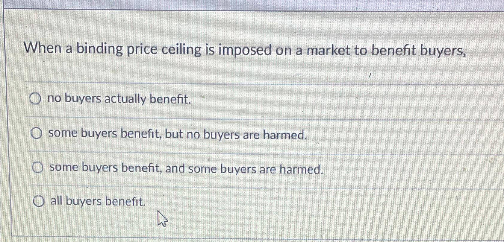 Solved When a binding price ceiling is imposed on a market | Chegg.com