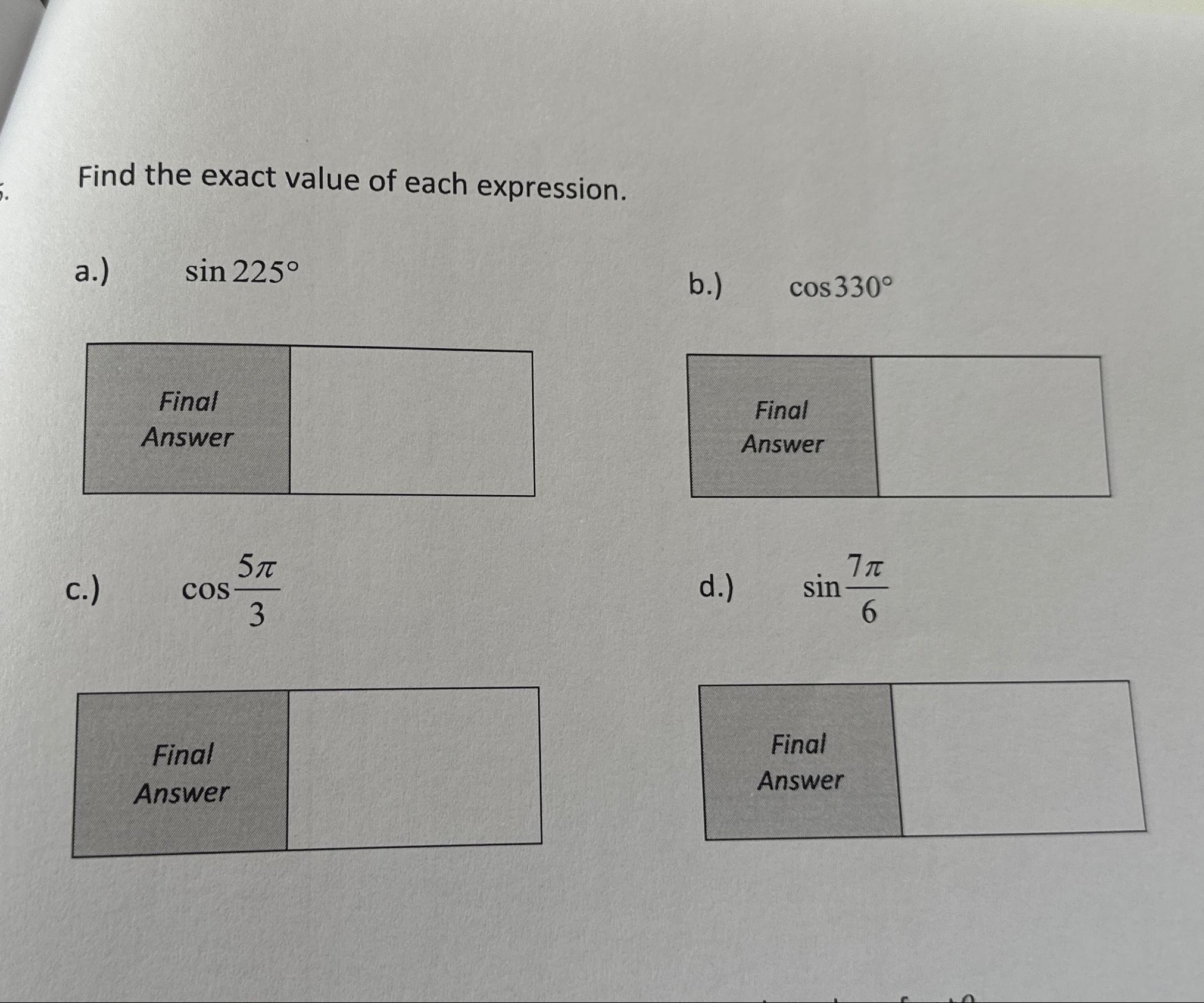 Solved Find the exact value of each | Chegg.com