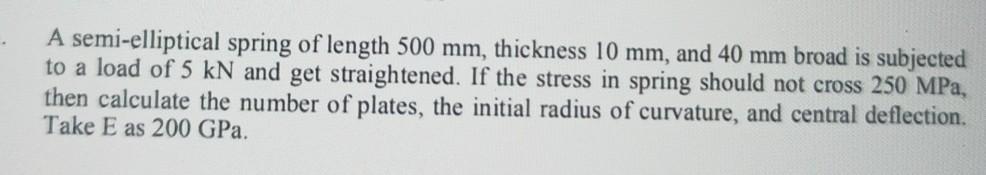 Solved A semi-elliptical spring of length 500 mm, thickness | Chegg.com