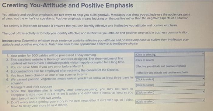 Solved Creating You-Attitude and Positive Emphasis | Chegg.com