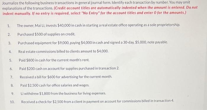 Solved Journalize the following business transactions in | Chegg.com
