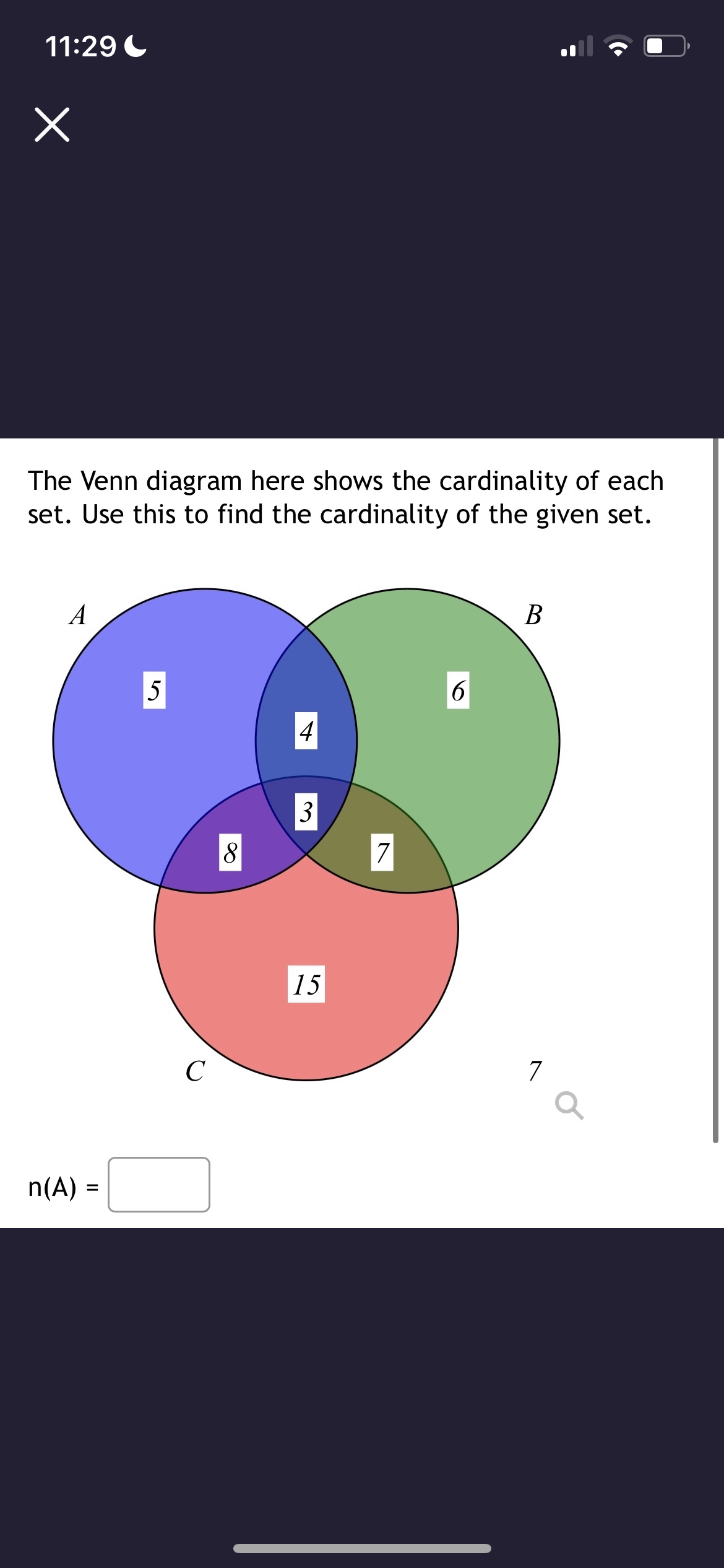 Solved 11 29 ﻿cthe Venn Diagram Here Shows The Cardinality