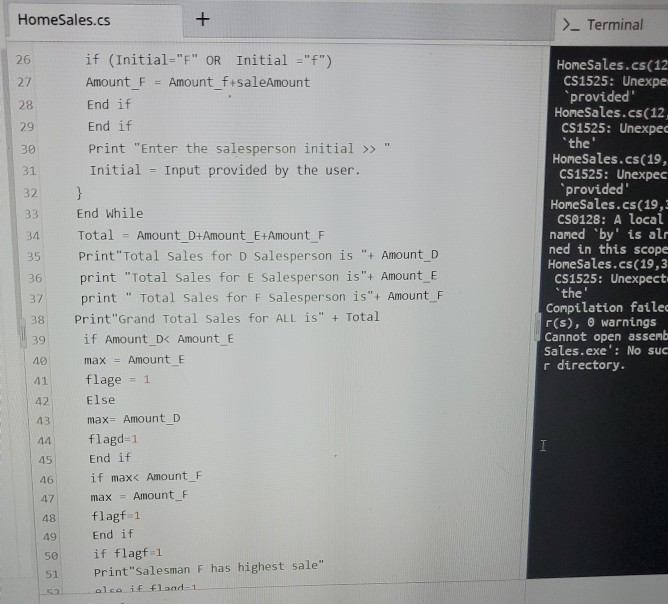 Solved HomeSales.cs X + > Terminal > A { 1 using System; 2 | Chegg.com