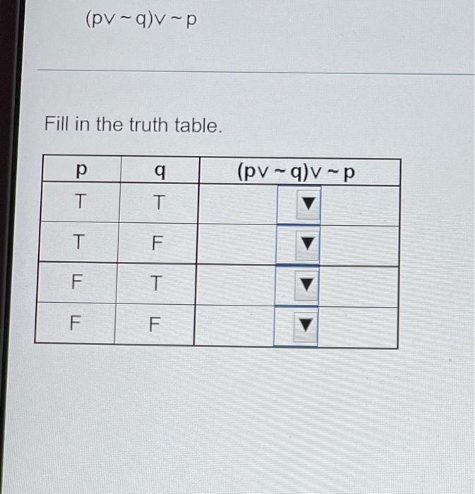 Solved (pv –q)v-p Fill in the truth table. р q (pv -q)v-p T | Chegg.com