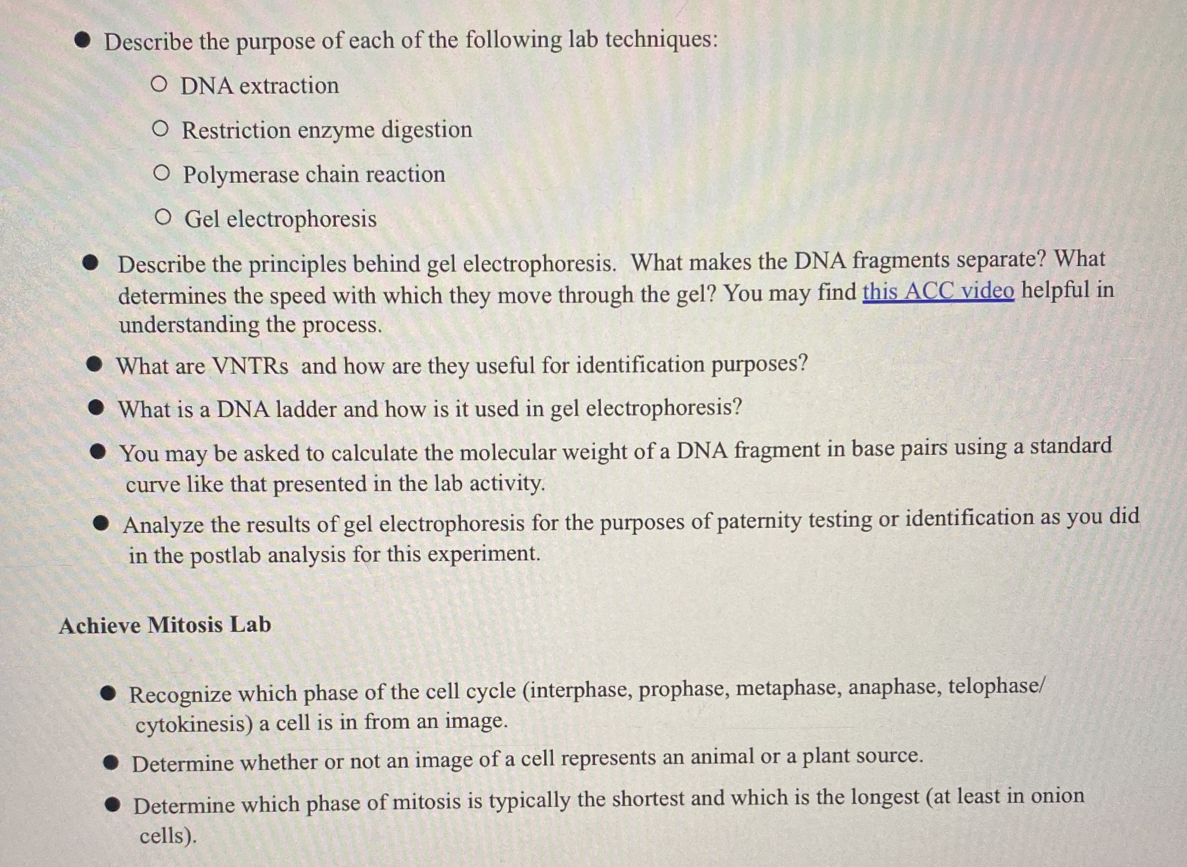 Solved Describe the purpose of each of the following lab | Chegg.com