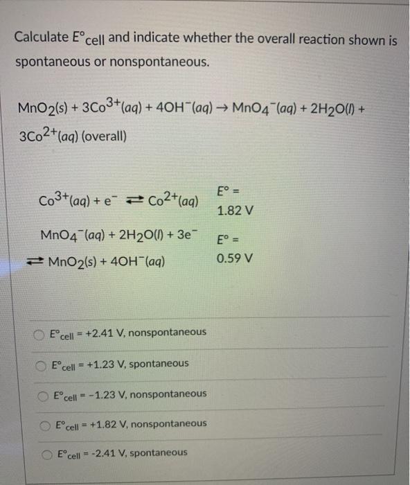 Solved Calculate E° cell and indicate whether the overall | Chegg.com