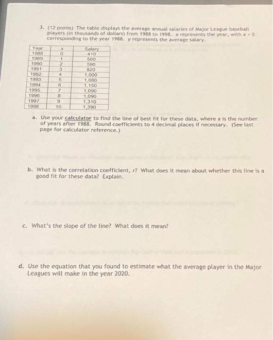Solved 3. (12 points) The table displays the average annual | Chegg.com