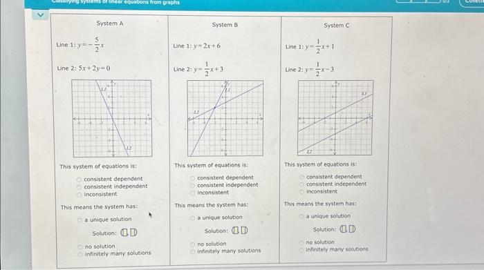 Solved System A 1: y=−25x 2: 5x+2y=0 System B Line 1: y=2x+6 | Chegg.com