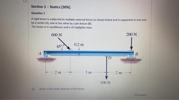 Solved Section 1 - Statics (30%) Question 1 A rigid beam is | Chegg.com