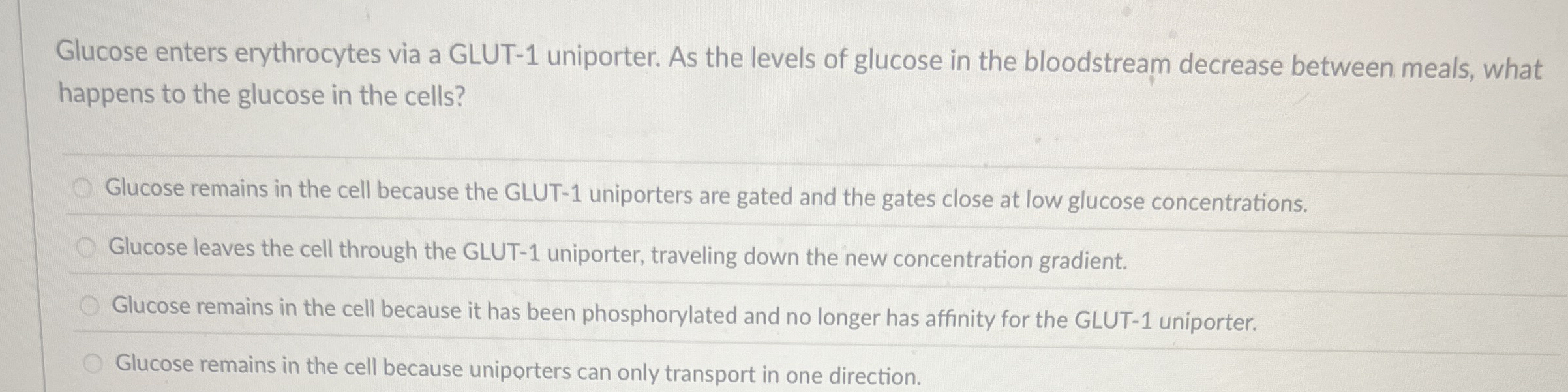 Solved Glucose enters erythrocytes via a GLUT-1 ﻿uniporter. | Chegg.com