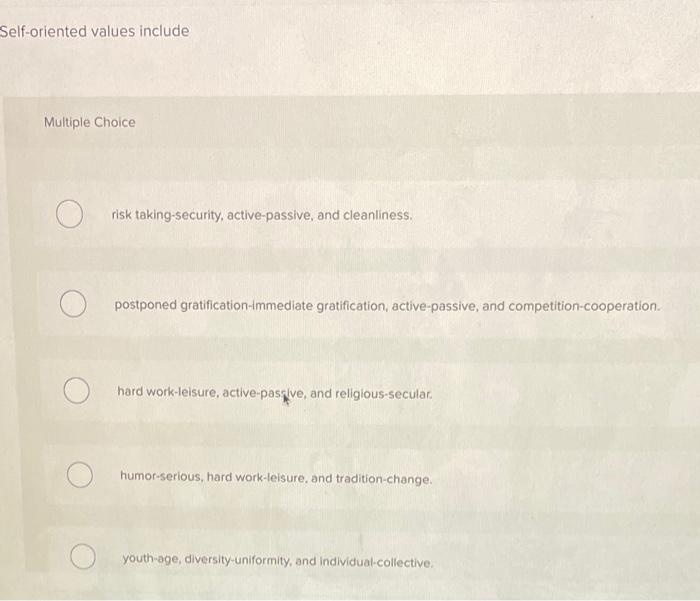 Solved Self-oriented values include Multiple Choice risk | Chegg.com