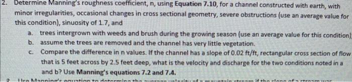 Solved Determine Manning's roughness coefficient, n, using | Chegg.com