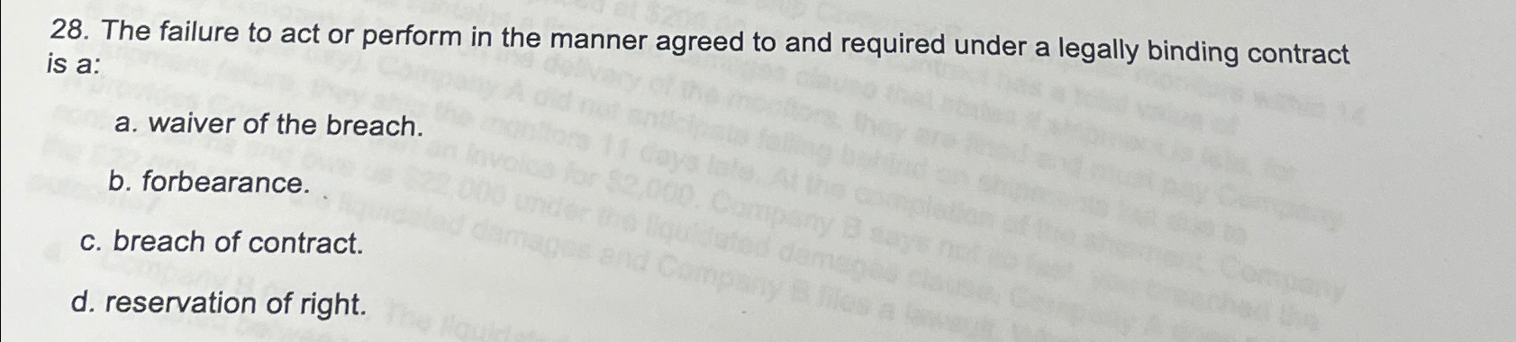 Solved The failure to act or perform in the manner agreed to | Chegg.com